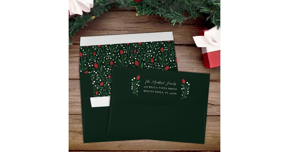 Elegant Christmas Floral Pre-Addressed Envelope | Zazzle