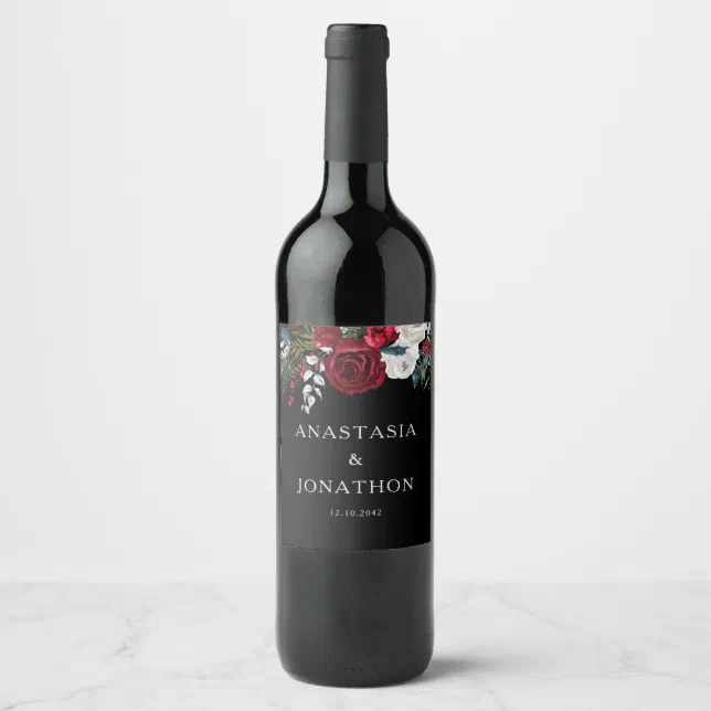 Elegant Christmas Floral Rose Holiday Wedding Wine Label | Zazzle