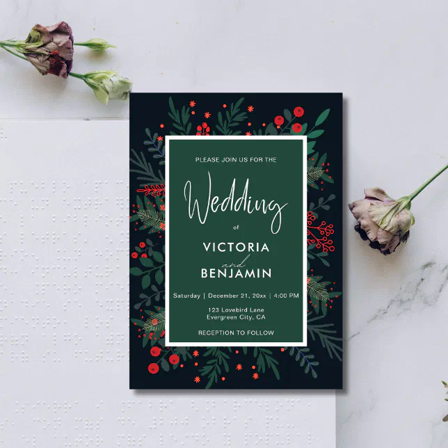 Elegant Christmas Foliage Red and Green Wedding Invitation | Zazzle
