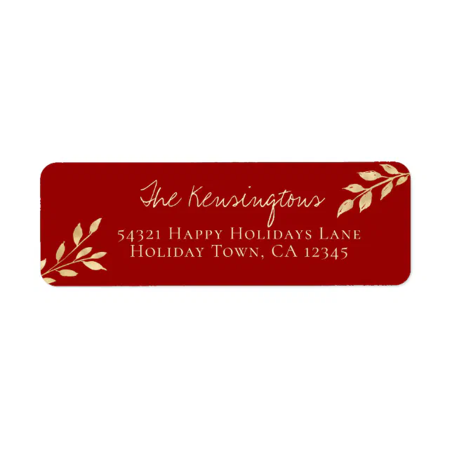 Elegant Christmas Gold Leaves on Winter Red Label | Zazzle
