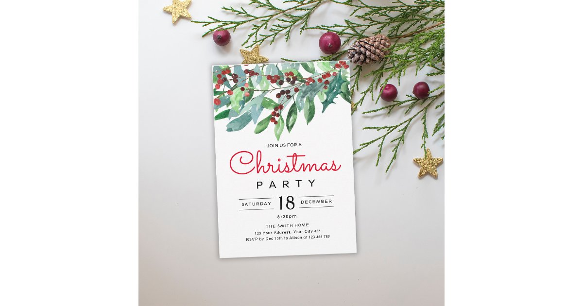 Elegant Christmas Greenery Holiday Party Invitation | Zazzle
