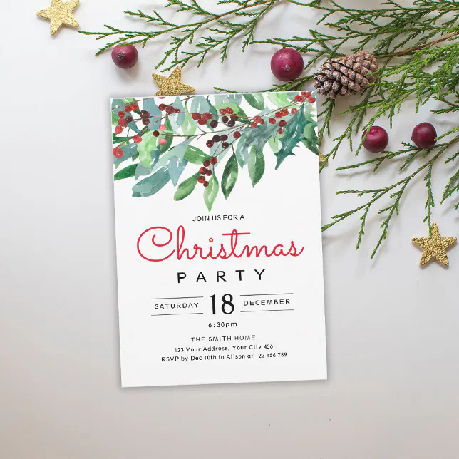 Elegant Christmas Greenery Holiday Party Invitation | Zazzle