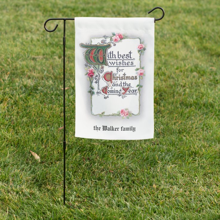 Elegant Christmas Greeting with Pink Roses Garden Flag | Zazzle