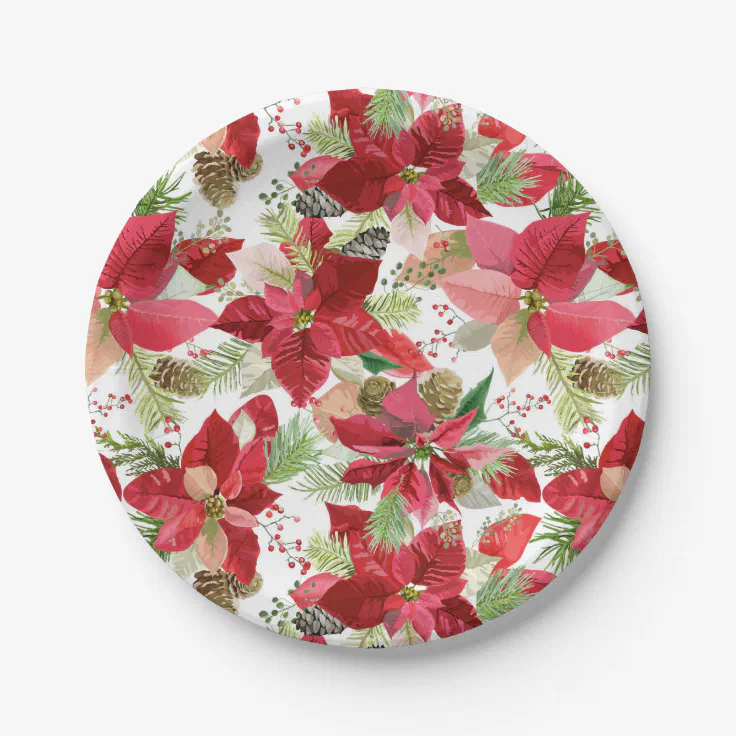 Elegant Christmas Holiday Poinsettia Pine Cone Paper Plates | Zazzle