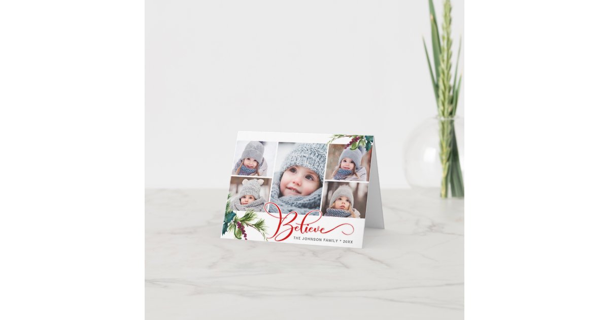 Elegant Christmas Holly Pine 5 Photo Folded Holiday Card | Zazzle