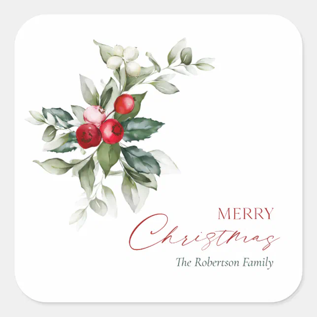 Elegant Christmas Holly Square Sticker | Zazzle