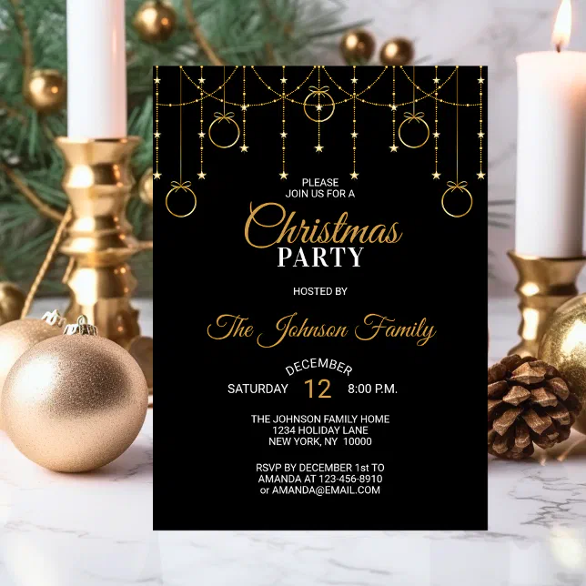 Elegant CHRISTMAS PARTY Black Gold Glitter Stars Invitation | Zazzle