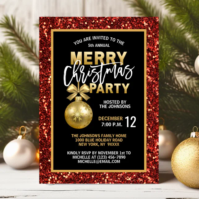 Elegant Christmas PARTY Black Gold Red Glitter Invitation | Zazzle