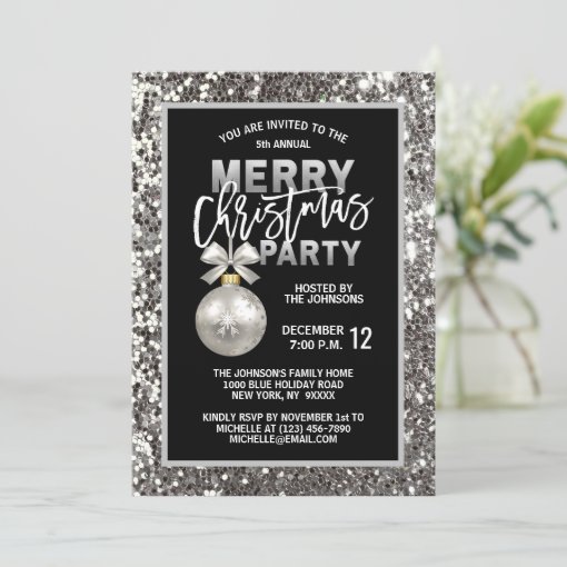 Elegant Christmas PARTY Black Silver Glitter Invitation | Zazzle