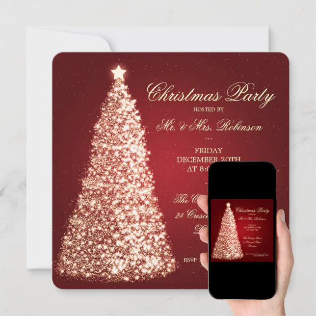 Elegant Christmas Party Gold Tree Red Invitation | Zazzle