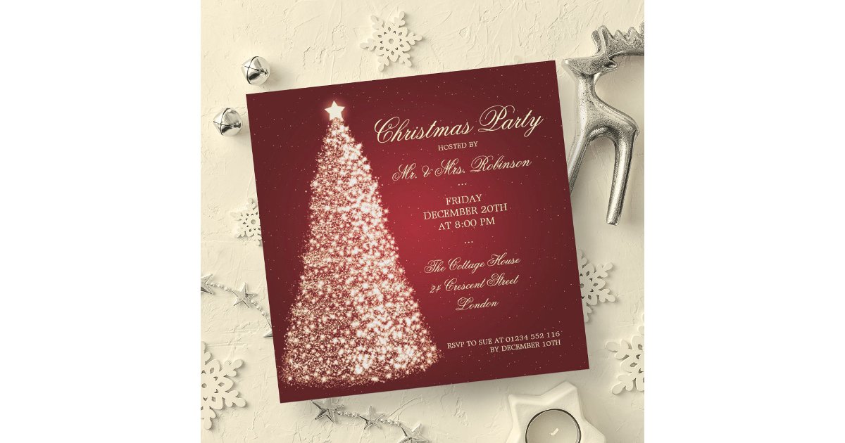 Elegant Christmas Party Gold Tree Red Invitation | Zazzle