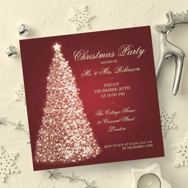 Elegant Christmas Party Gold Tree Red Invitation | Zazzle