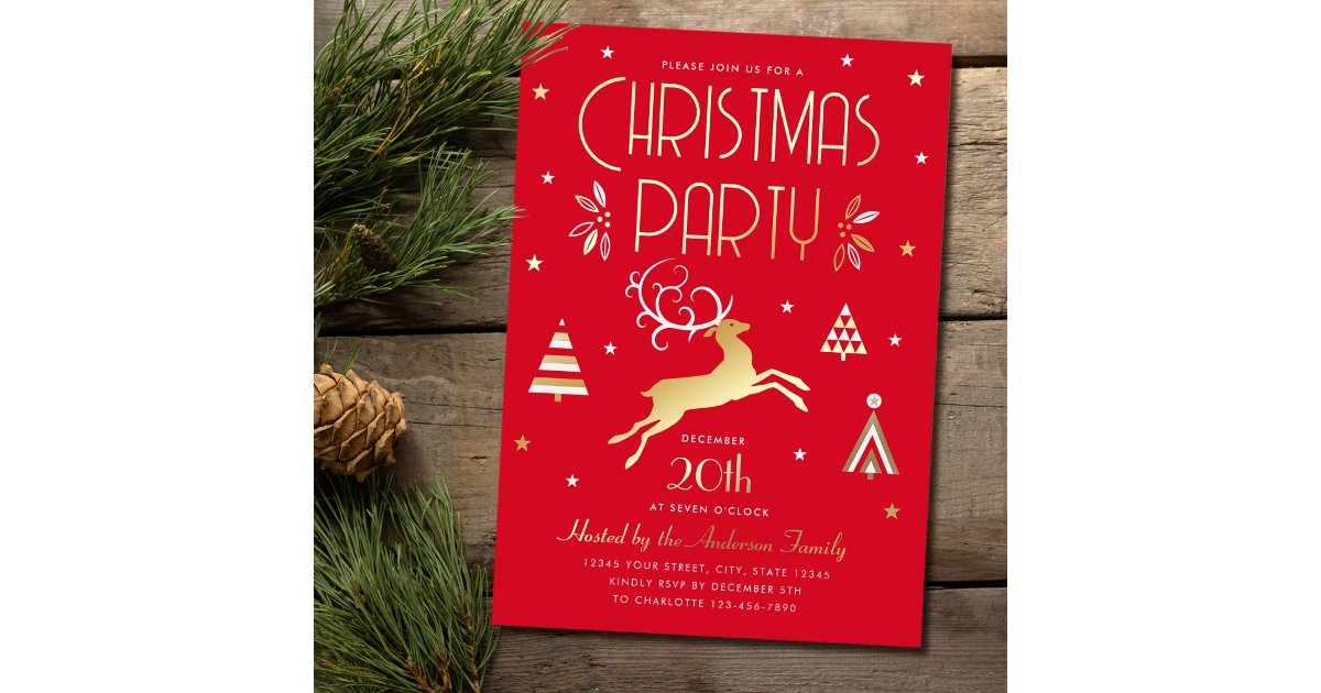 Elegant Christmas Party Red Gold Foil Invitation | Zazzle