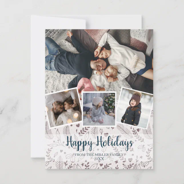 Elegant Christmas pattern multi photo collage Holiday Card | Zazzle