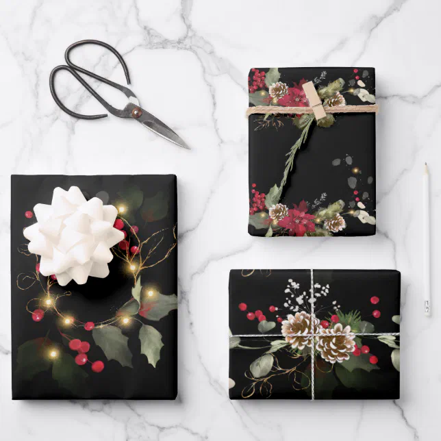 Elegant Christmas Poinsettia Holly Eucalyptus Pine Wrapping Paper ...