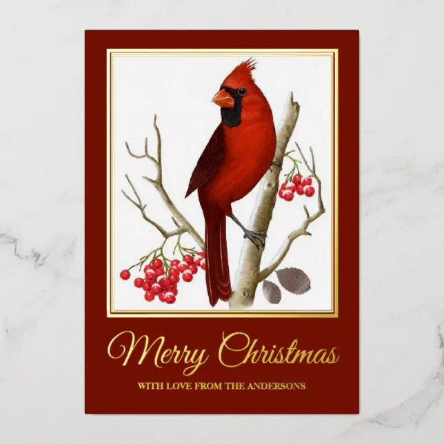 Elegant Christmas Red Cardinal Bird Foil Holiday Card | Zazzle