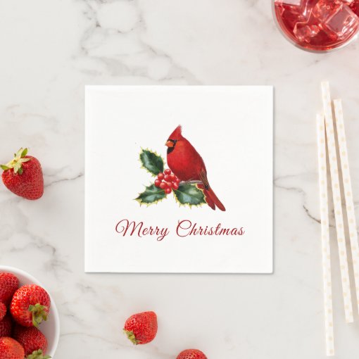Elegant Christmas Red Cardinal Bird Holly Napkins | Zazzle