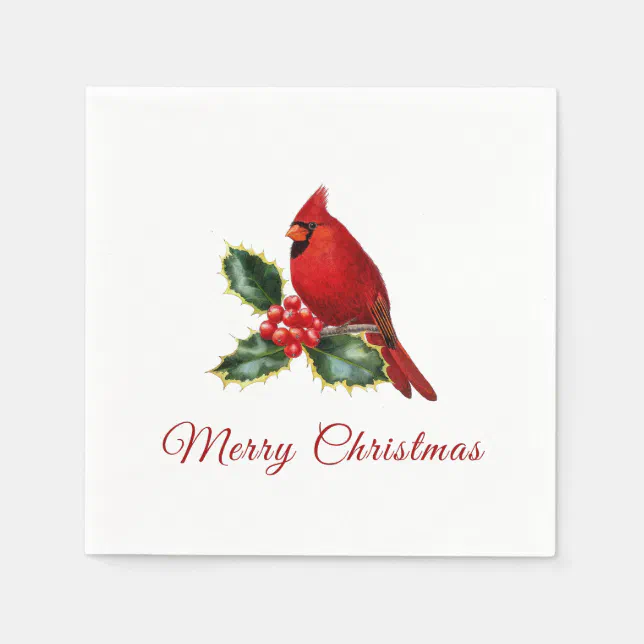 Elegant Christmas Red Cardinal Bird Holly Napkins | Zazzle