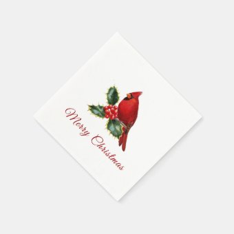 Elegant Christmas Red Cardinal Bird Holly Napkins | Zazzle