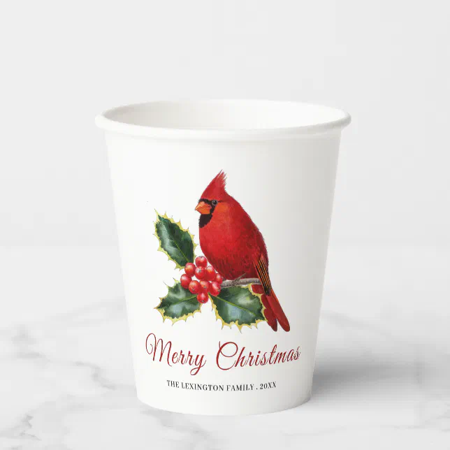 Elegant Christmas Red Cardinal Bird Holly Paper Cups | Zazzle