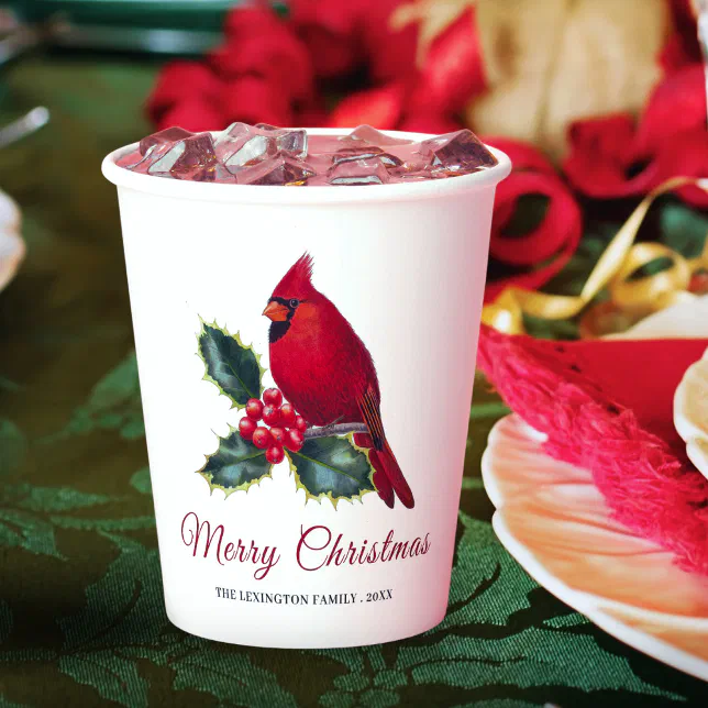 Elegant Christmas Red Cardinal Bird Holly Paper Cups | Zazzle