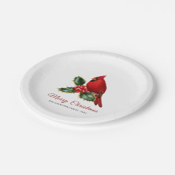 Elegant Christmas Red Cardinal Bird Holly Paper Plates | Zazzle