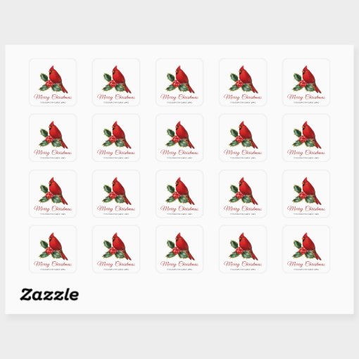 Elegant Christmas Red Cardinal Bird Holly Square Sticker | Zazzle