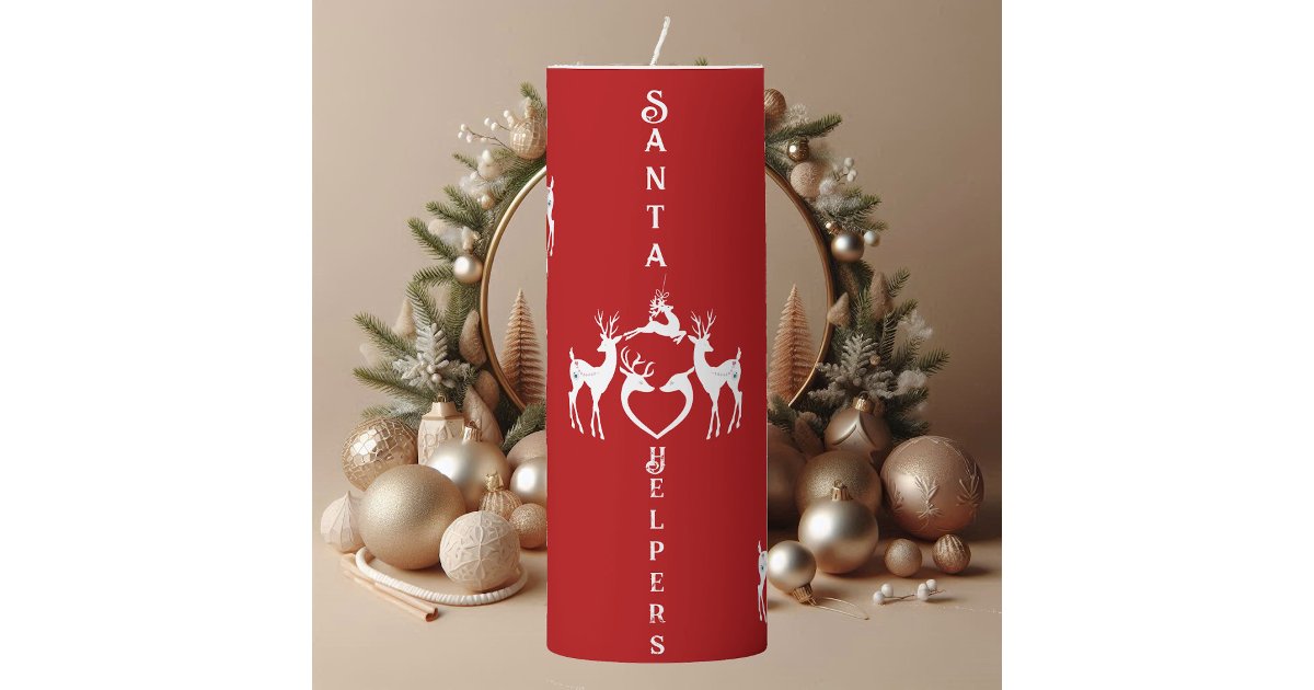 Elegant Christmas Reindeer White Santa Helpers Red Pillar Candle | Zazzle