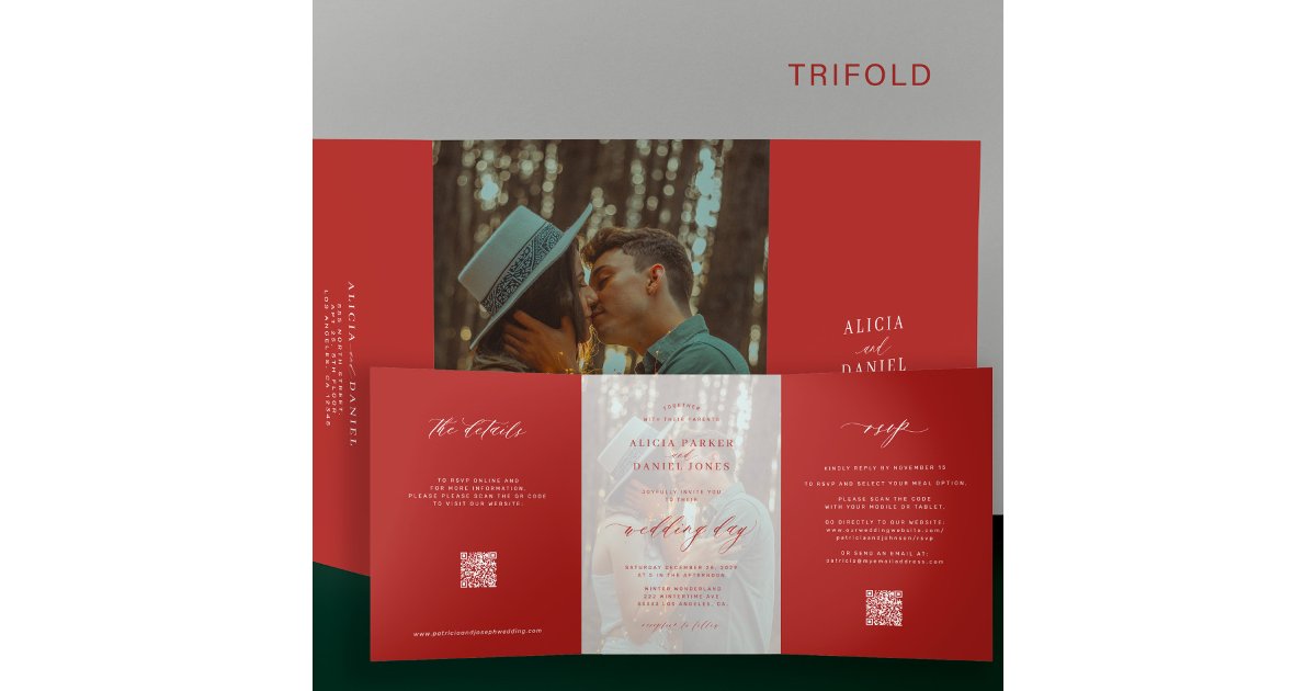 Elegant Christmas simple red photo wedding RSVP QR Tri-Fold Invitation ...