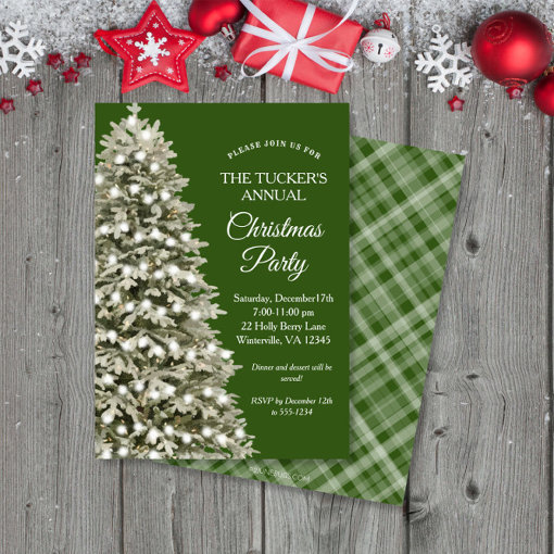 Elegant Christmas Tree Green Plaid Christmas Party Invitation | Zazzle