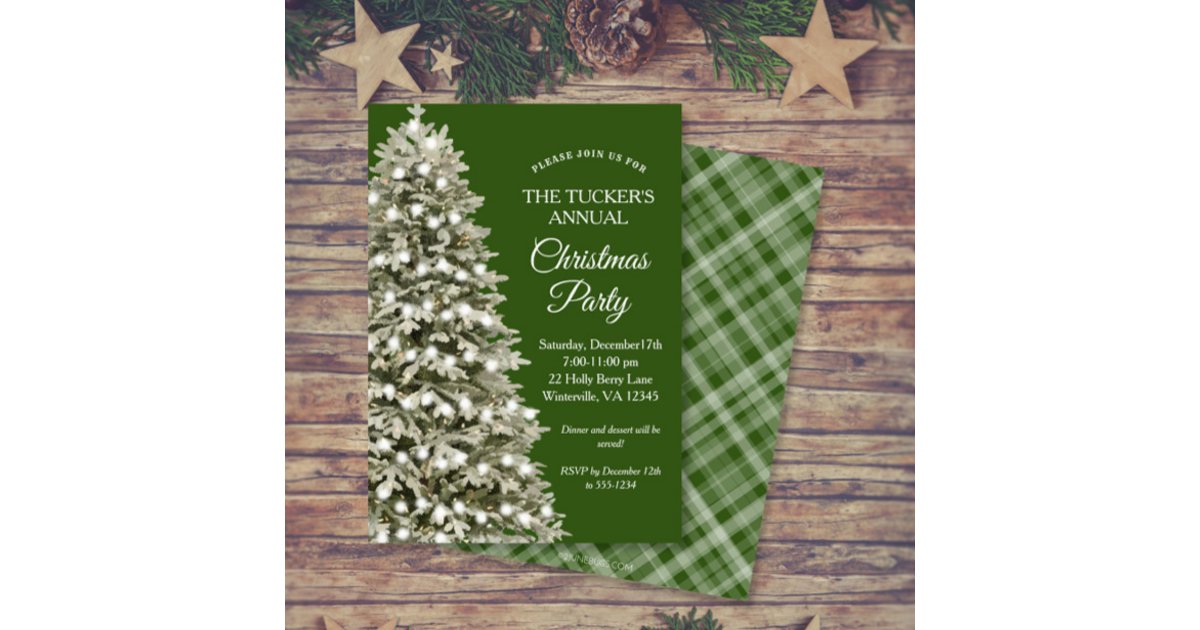 Elegant Christmas Tree Green Plaid Christmas Party Invitation | Zazzle