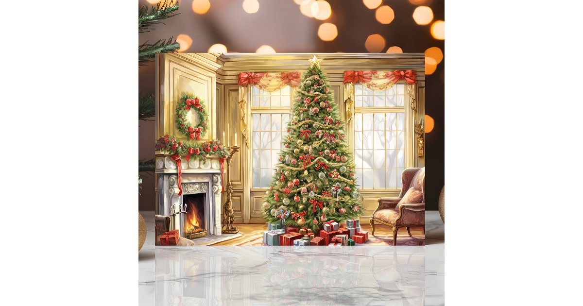 Elegant Christmas Tree Living Room Scene Holiday Card | Zazzle