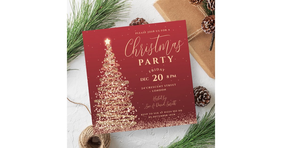 Elegant Christmas Tree Party Red Holiday Invitation | Zazzle