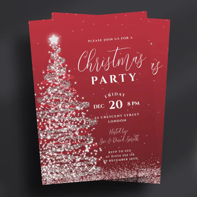 Elegant Christmas Tree Party Silver Red Holiday Invitation | Zazzle