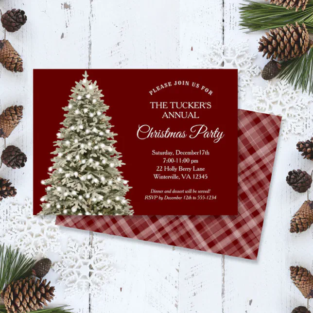 Elegant Christmas Tree Red Plaid Christmas Party Invitation | Zazzle