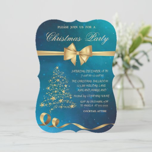 Elegant Christmas Tree Stars Bow Christmas Party Invitation | Zazzle