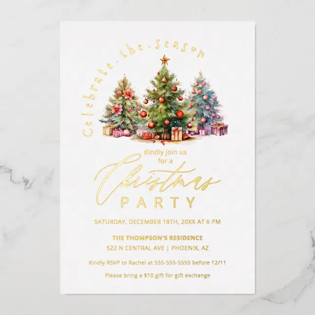 Elegant Christmas Trees Holiday Party Gold Foil Invitation | Zazzle
