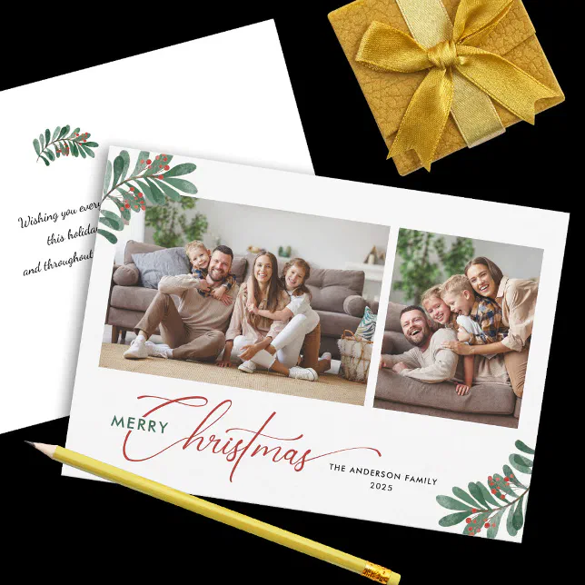 Elegant Christmas Typography 2 Photos Holiday Card | Zazzle