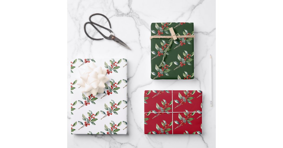 Elegant Christmas Watercolor Botanical Red Green Wrapping Paper Sheets ...
