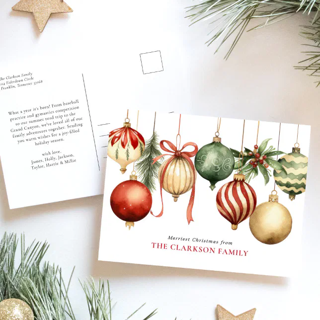 Elegant Christmas Watercolor Ornaments Holiday Postcard | Zazzle