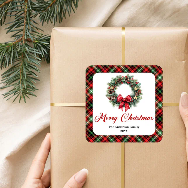 Elegant Christmas Wreath Personalized Holiday Square Sticker | Zazzle