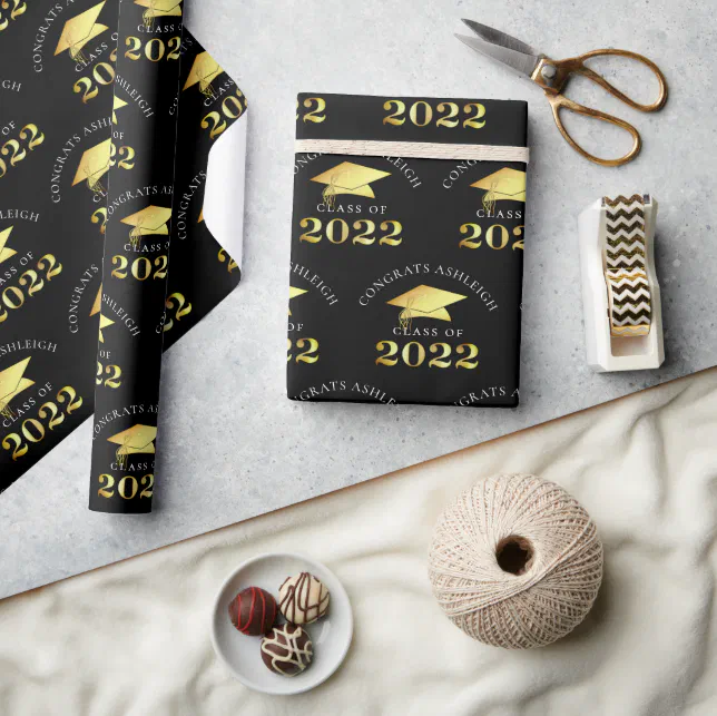 Elegant Class of 2022 Black Gold Personalized Wrapping Paper | Zazzle