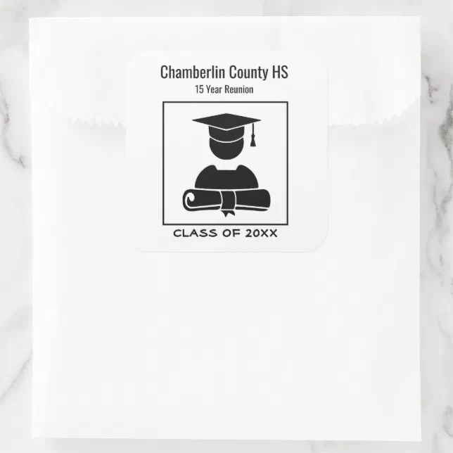 Elegant Class Reunion Black White Custom Designed Square Sticker | Zazzle