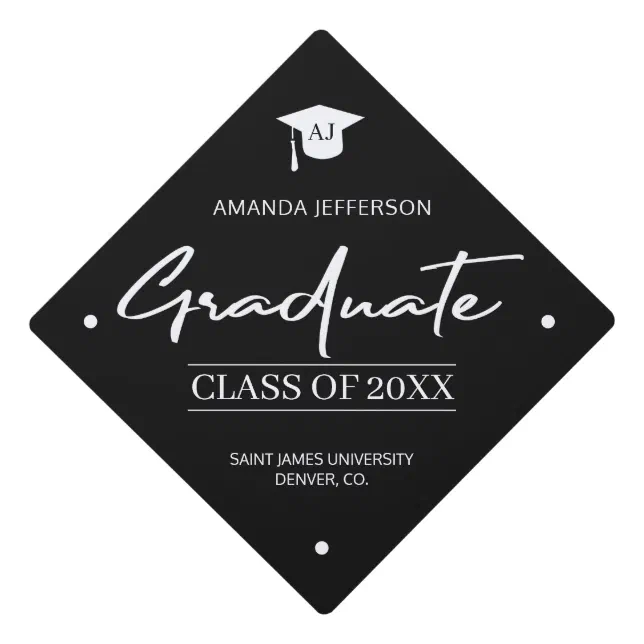 Elegant class year and school black monogrammed graduation cap topper ...