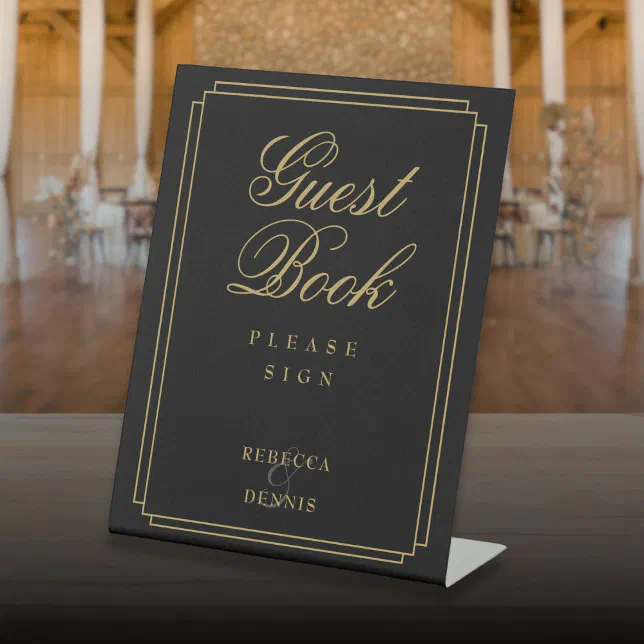 Elegant Classic Art Deco Black And Gold Guest Book Pedestal Sign | Zazzle