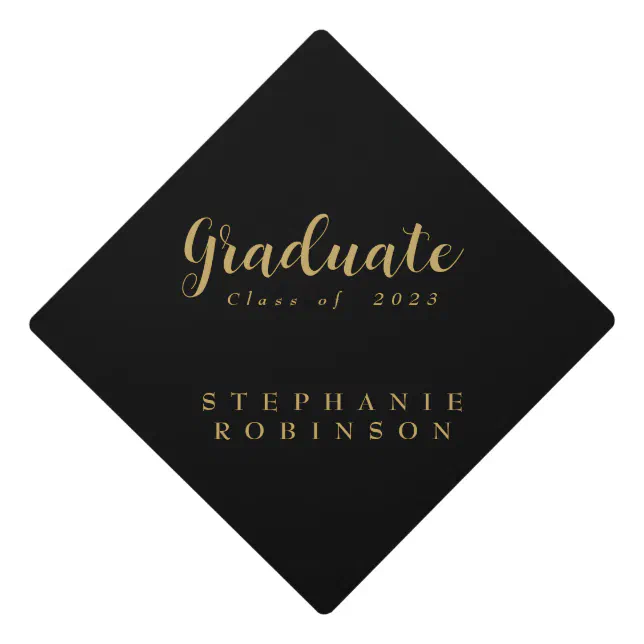 Elegant classic black and gold script graduation cap topper | Zazzle