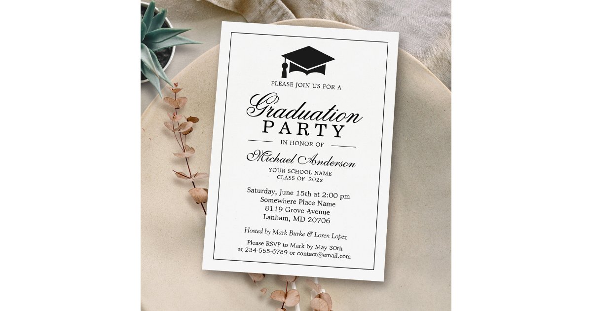 Elegant Classic Black White Graduation Party Invitation | Zazzle