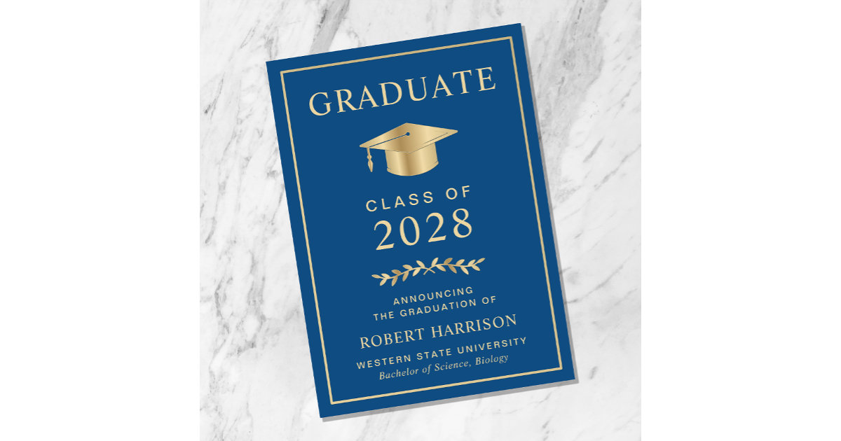 Elegant Classic Blue Gold Graduation Announcement | Zazzle