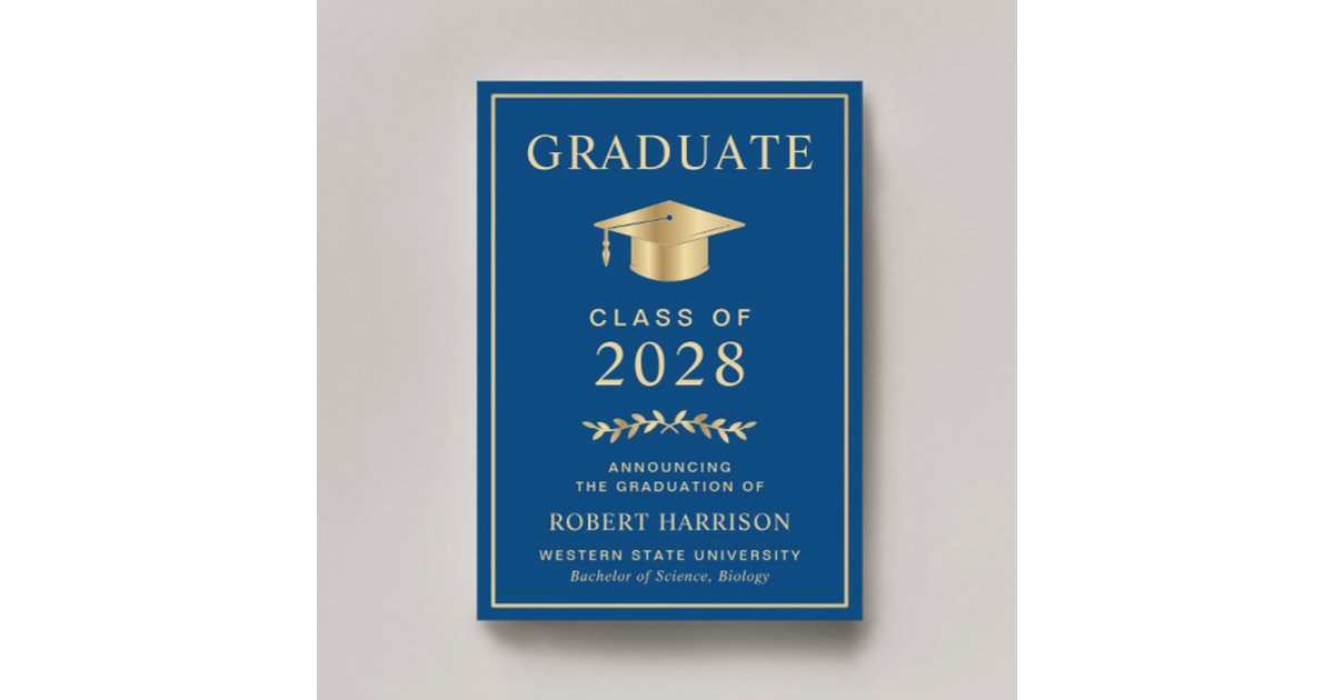 Elegant Classic Blue Gold Graduation Announcement | Zazzle