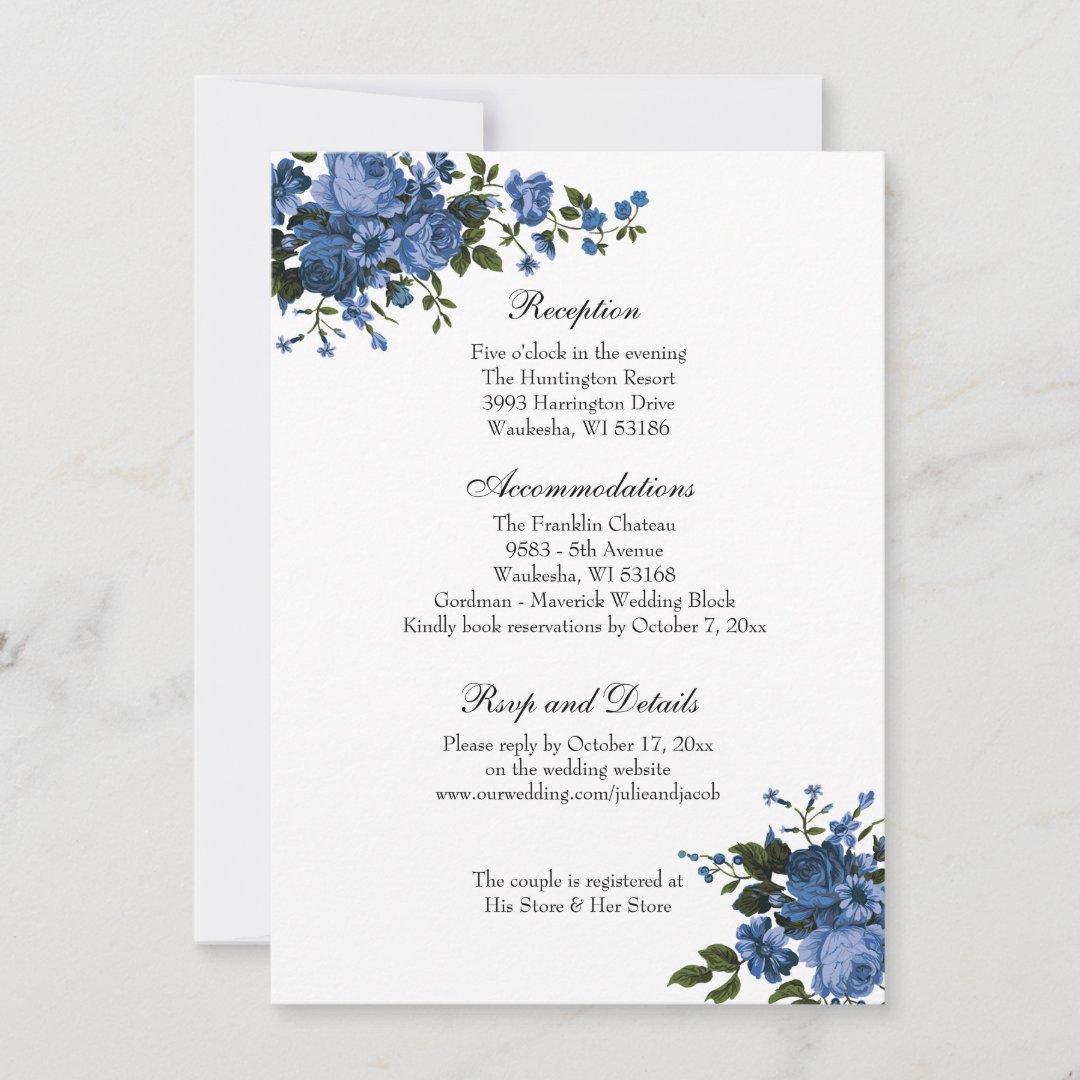 Elegant Classic Blue Roses Wedding Reception Invitation | Zazzle